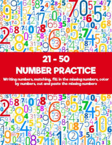 21-50 number practice - writing numbers - matching - fill in the missing numbers - color by numbers - cut and paste the missing numbers worksheets