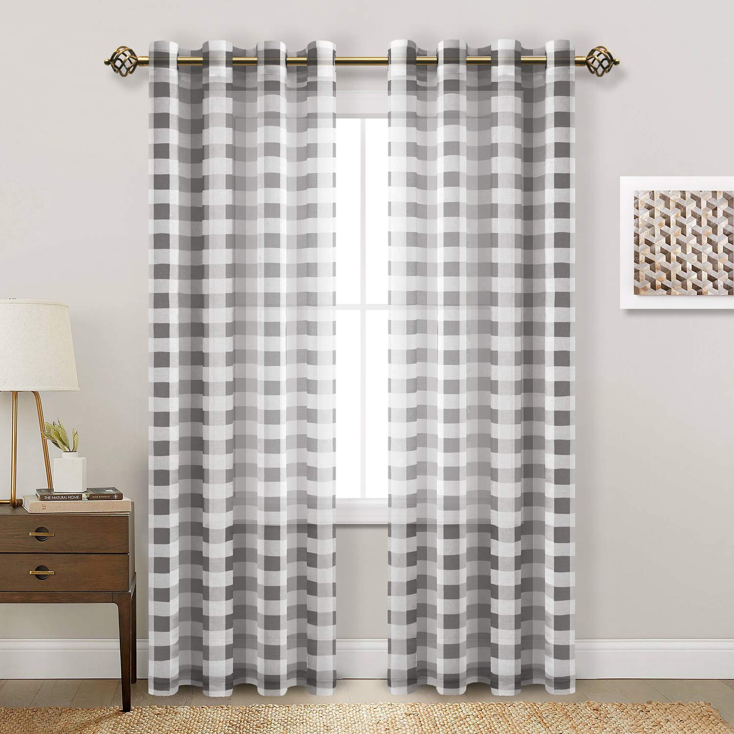 Hiasan Buffalo Plaid Sheer Curtains - Light Filtering Voile Checkered Curtains for Living Room and Bedroom, 52 X 84 Inches Long, Set of 2 Window Curtain Panels, Grey and White