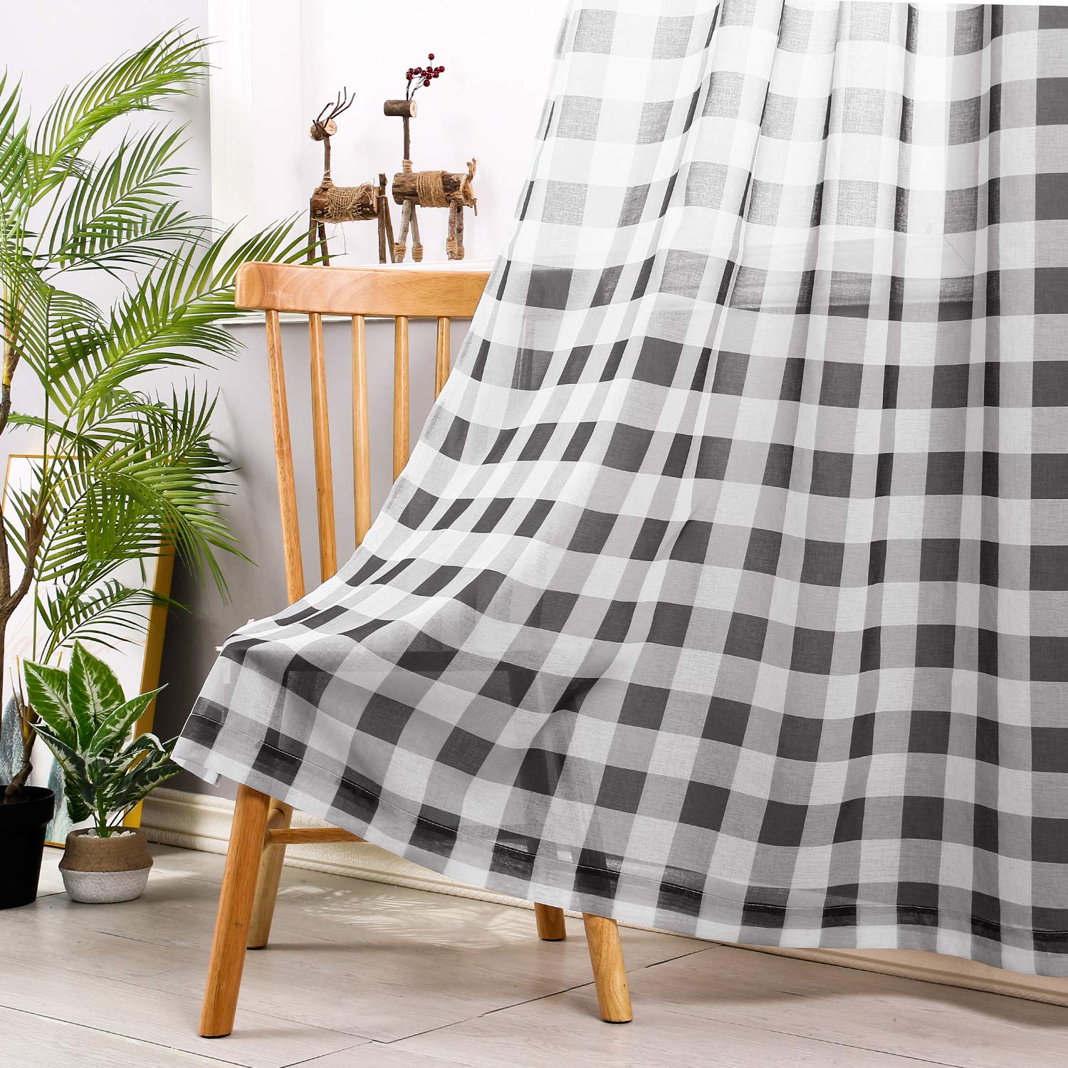 Hiasan Buffalo Plaid Sheer Curtains - Light Filtering Voile Checkered Curtains for Living Room and Bedroom, 52 X 84 Inches Long, Set of 2 Window Curtain Panels, Grey and White