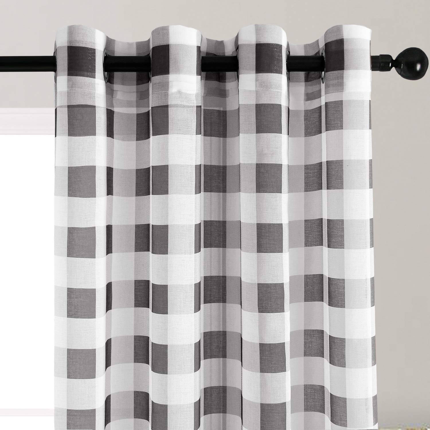 Hiasan Buffalo Plaid Sheer Curtains - Light Filtering Voile Checkered Curtains for Living Room and Bedroom, 52 X 84 Inches Long, Set of 2 Window Curtain Panels, Grey and White