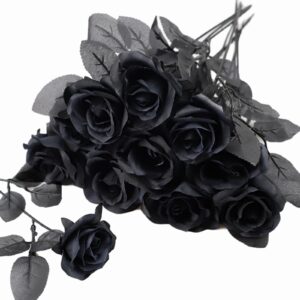 tuzazo 10pcs black roses artificial flowers with stems, faux silk flowers bridal gothic wedding bouquet, realistic blossom flora for home, office, hotel decorations