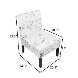 STHOUYN Modern Fabric Armless Accent Chair Set of 2 Decorative Slipper Chair Vanity Chair for Bedroom Desk, Corner Side Chair Living Room Furniture English Letter Print White