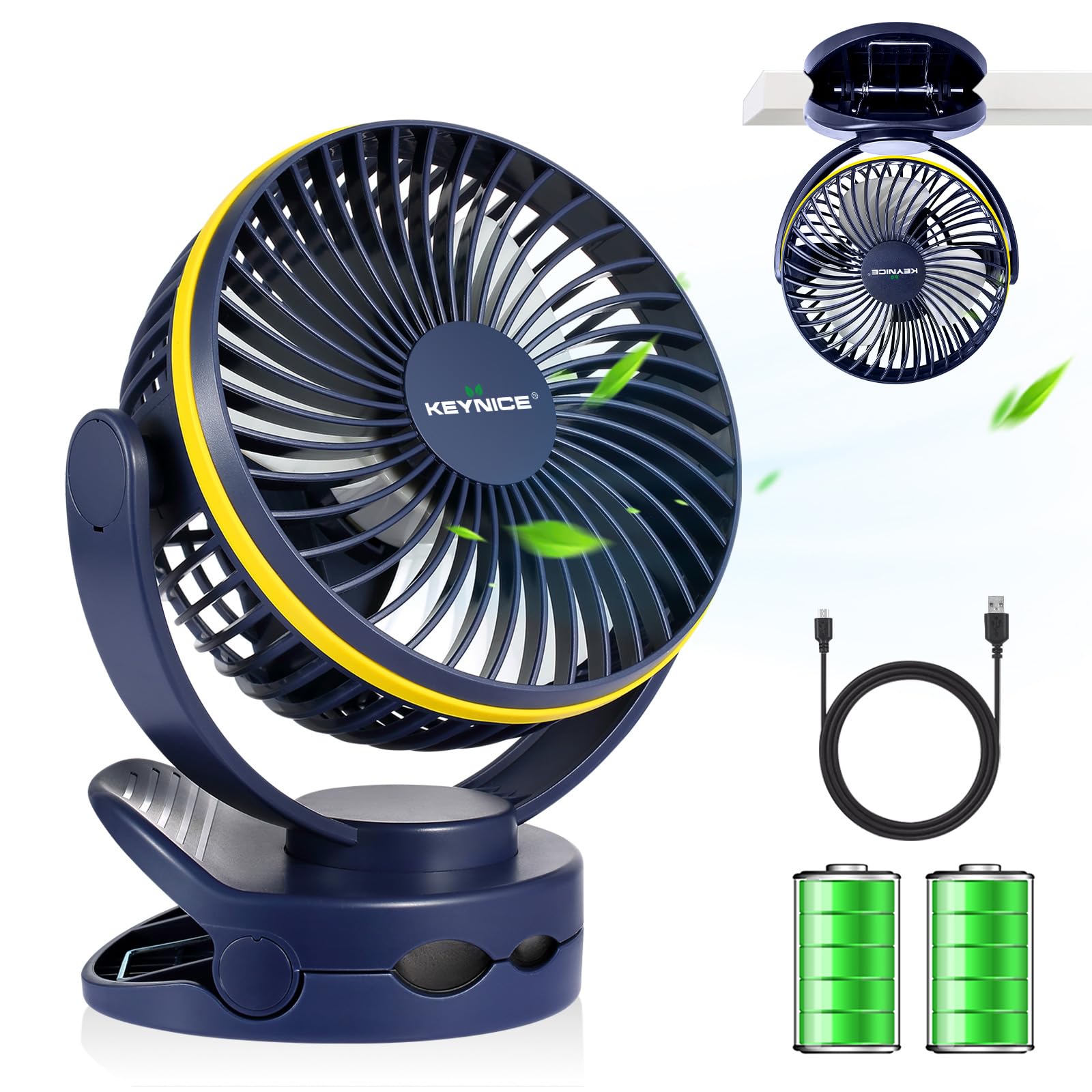 KEYNICE Camping Fan with Light, Portable Travel Fan, Rechargeable Clip on Fan, 4 Speed Battery Powered Desk Fan, Personal Table Fan for Home Office Outdoor