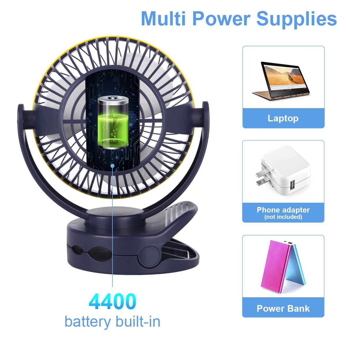 KEYNICE Camping Fan with Light, Portable Travel Fan, Rechargeable Clip on Fan, 4 Speed Battery Powered Desk Fan, Personal Table Fan for Home Office Outdoor