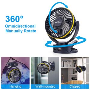 KEYNICE Camping Fan with Light, Portable Travel Fan, Rechargeable Clip on Fan, 4 Speed Battery Powered Desk Fan, Personal Table Fan for Home Office Outdoor