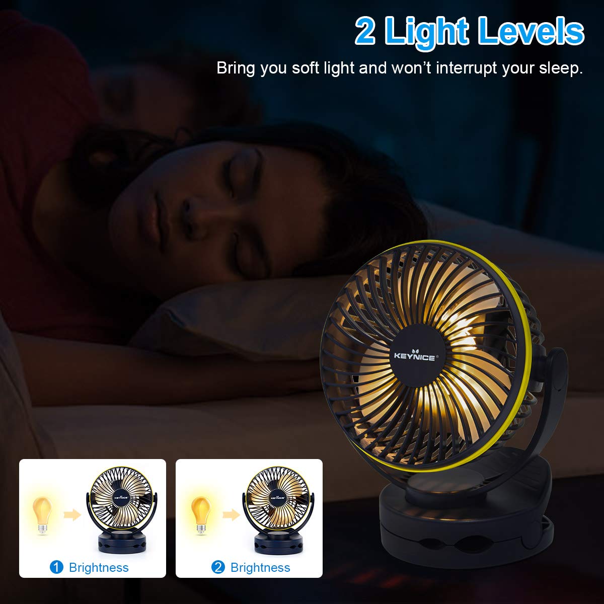 KEYNICE Camping Fan with Light, Portable Travel Fan, Rechargeable Clip on Fan, 4 Speed Battery Powered Desk Fan, Personal Table Fan for Home Office Outdoor