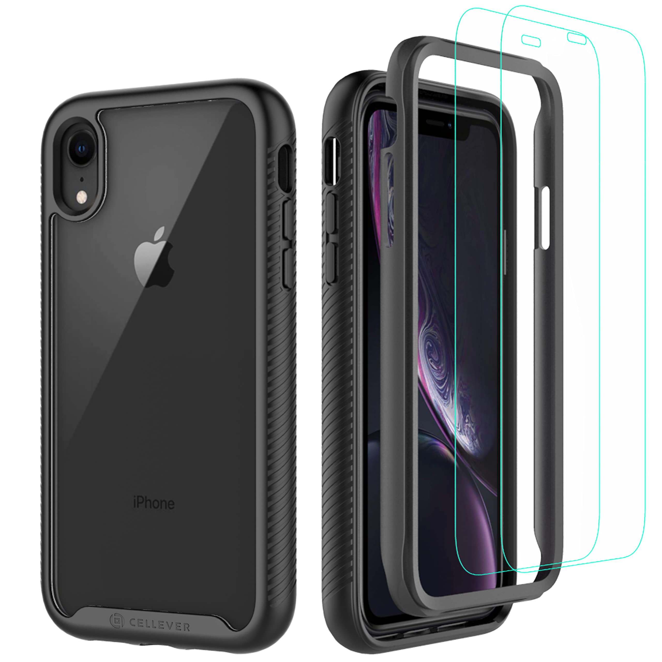 CellEver Clear Full Body Case for iPhone XR, Heavy Duty Protection with Anti-Slip TPU Bumper and [2 Tempered 9H Glass Screen Protectors] Shockproof Transparent Phone Cover 6.1 Inch (Black)