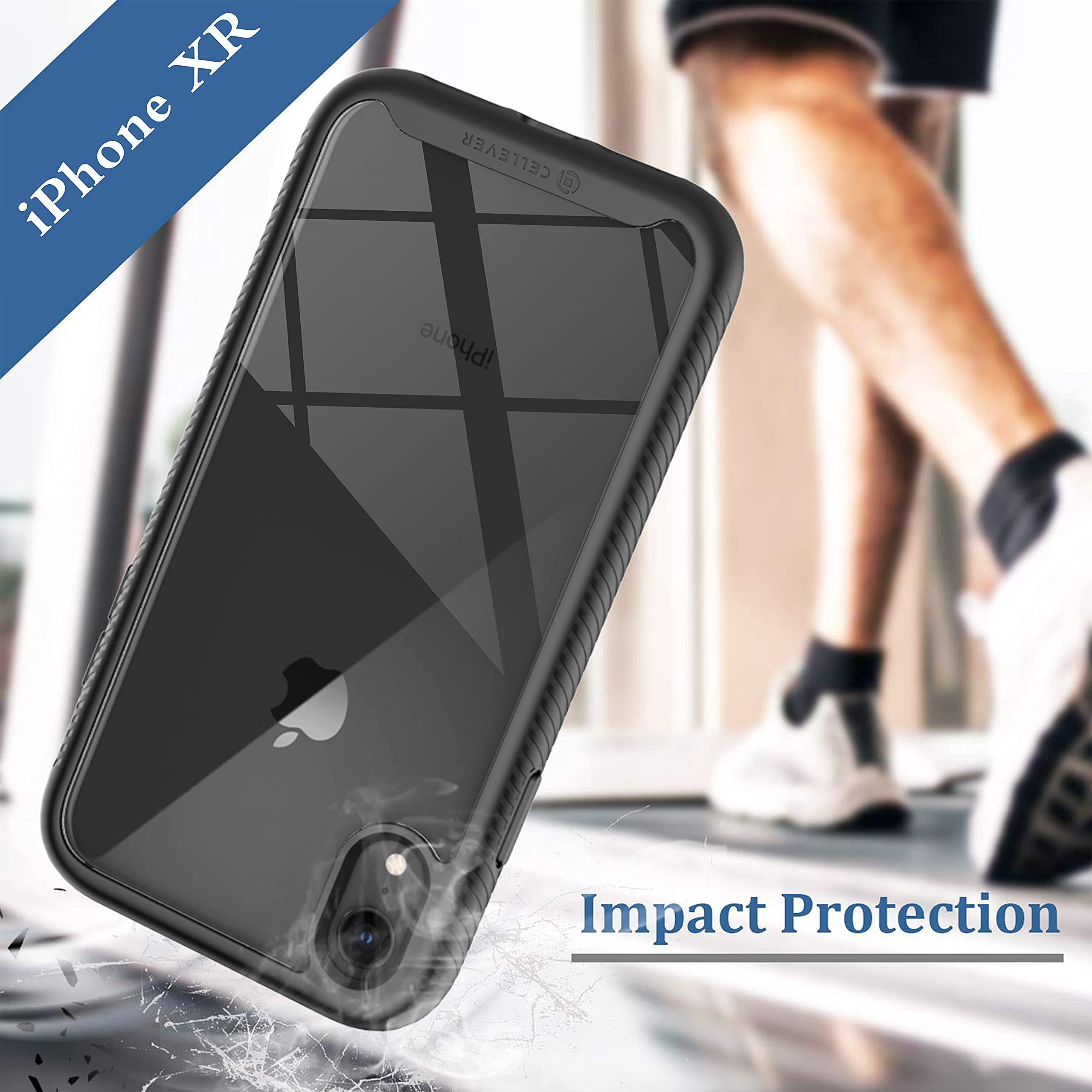 CellEver Clear Full Body Case for iPhone XR, Heavy Duty Protection with Anti-Slip TPU Bumper and [2 Tempered 9H Glass Screen Protectors] Shockproof Transparent Phone Cover 6.1 Inch (Black)