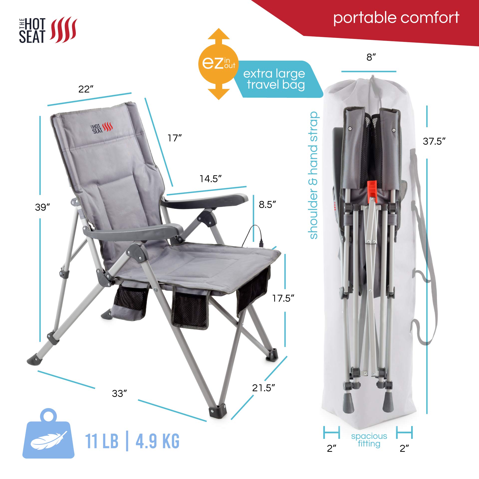 POP Design The Hot Seat, USB Heated Portable Camping Chair, Perfect for Outdoor, Sports, Beach, or Picnics. (Battery Pack Not Included)