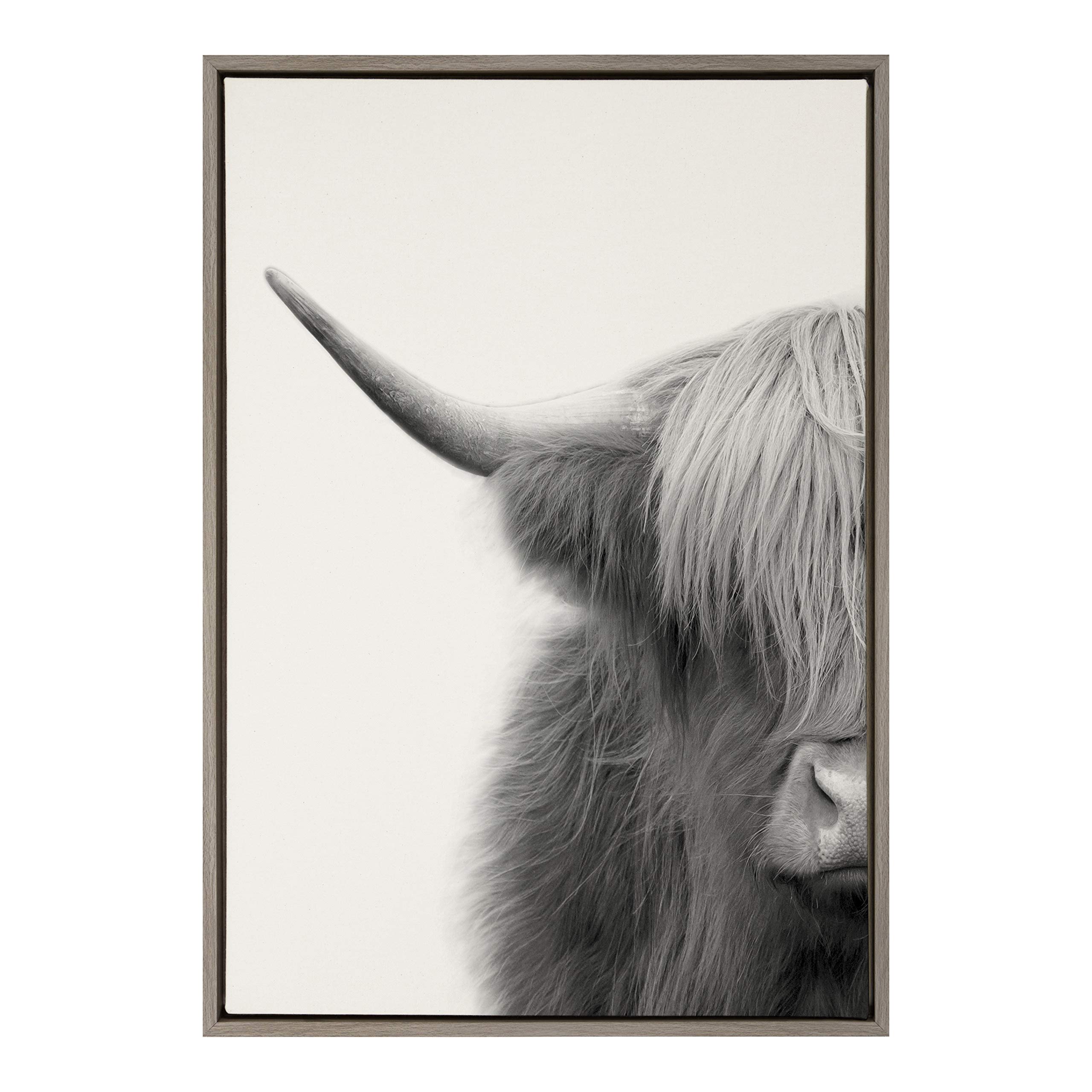 Kate and Laurel Sylvie Hey Dude Highland Cow Crop Linen Textured Framed Canvas Wall Art by The Creative Bunch Studio, 23x33 Gray, Chic Animal Art for Wall