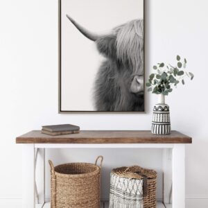 Kate and Laurel Sylvie Hey Dude Highland Cow Crop Linen Textured Framed Canvas Wall Art by The Creative Bunch Studio, 23x33 Gray, Chic Animal Art for Wall