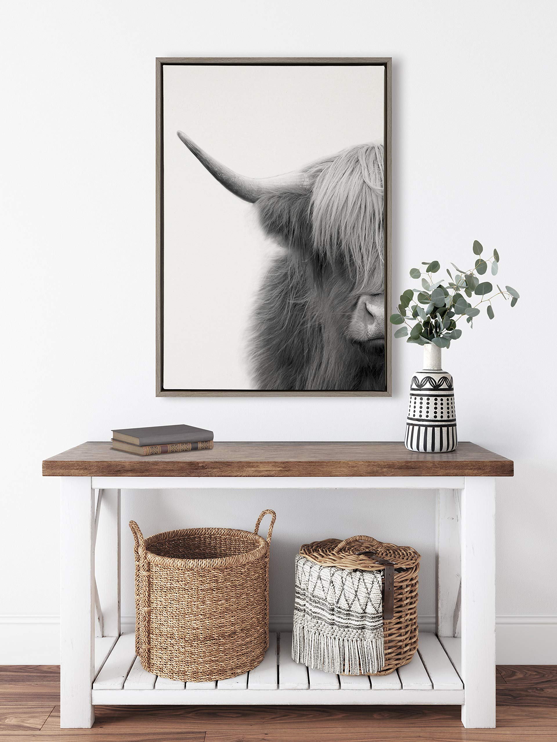 Kate and Laurel Sylvie Hey Dude Highland Cow Crop Linen Textured Framed Canvas Wall Art by The Creative Bunch Studio, 23x33 Gray, Chic Animal Art for Wall