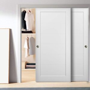 Sliding Closet Bypass Doors 56 x 80 with Hardware | Quadro 4115 White Silk | Sturdy Top Mount Rails Moldings Trims Set | Kitchen Wooden Solid Bedroom Wardrobe Doors