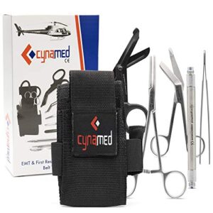 cynamed first responder medical tool kit - bandage scissors, magnetic debris remover, emt shears, hemostat, tweezers - adjustable multi-pocket nylon belt pouch - paramedic, nurse, emergency responders