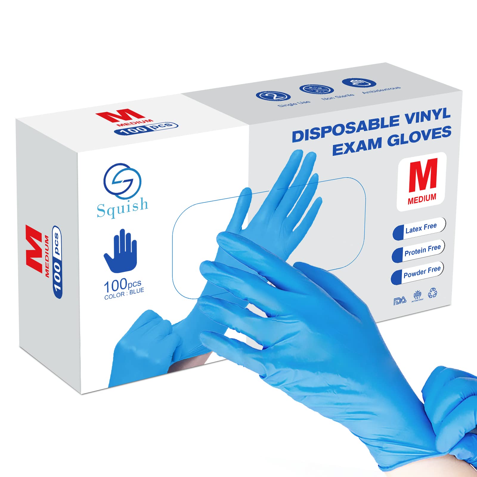 squish Disposable Gloves, 100Pcs Blue Vinyl Blend Exam Gloves Non Sterile, Powder Free, Latex Free - Cleaning Supplies, Kitchen and Food Safe(Pack of 100) (Blue Medium)