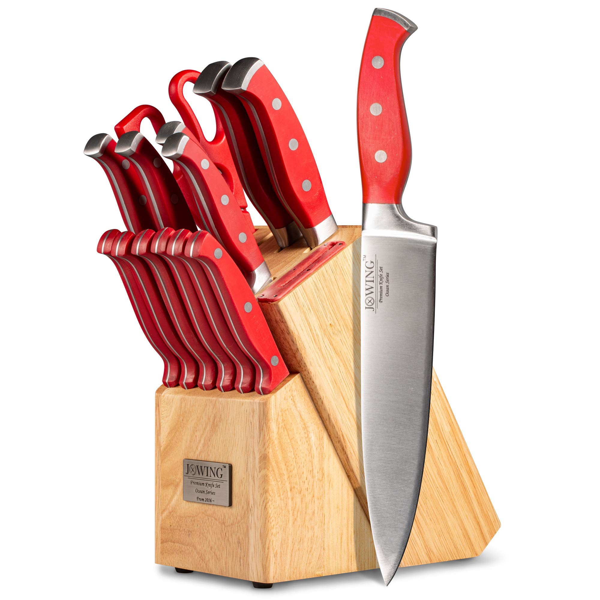 JXWING Professional 15-Piece German High Carbon Stainless Steel Kitchen Knife Set, Ocean Series Premium Forged Full Tang Chef Knives Set with Rubber Wood Block, Red