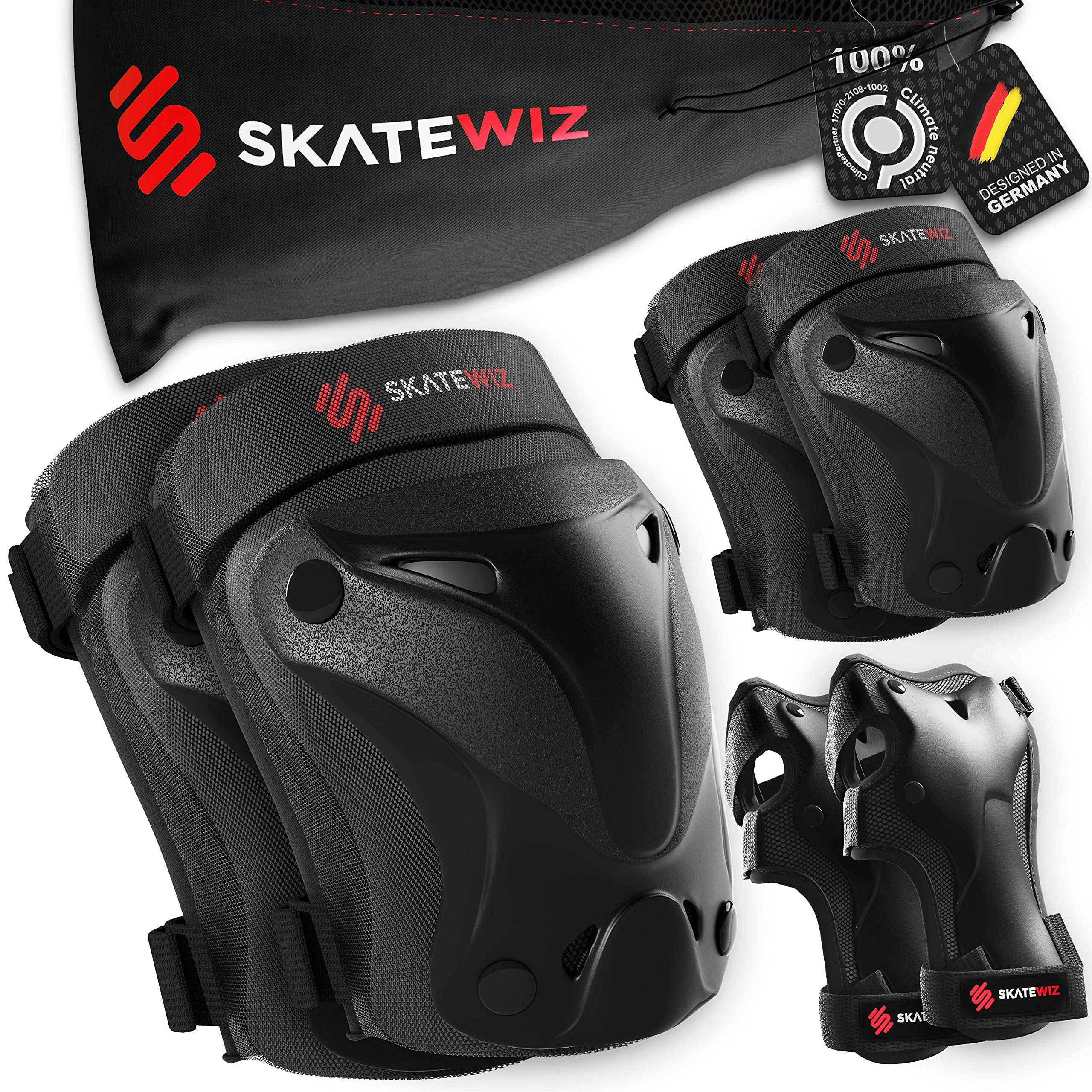 SKATEWIZ Elbow Pads Knee Pads for Women - Elbow and Knee Pads Adult - PROTECT-1 - Size M in Black - Skateboard Pads Wrist Guards for Roller Skating Pads Skating Protective Gear Adult