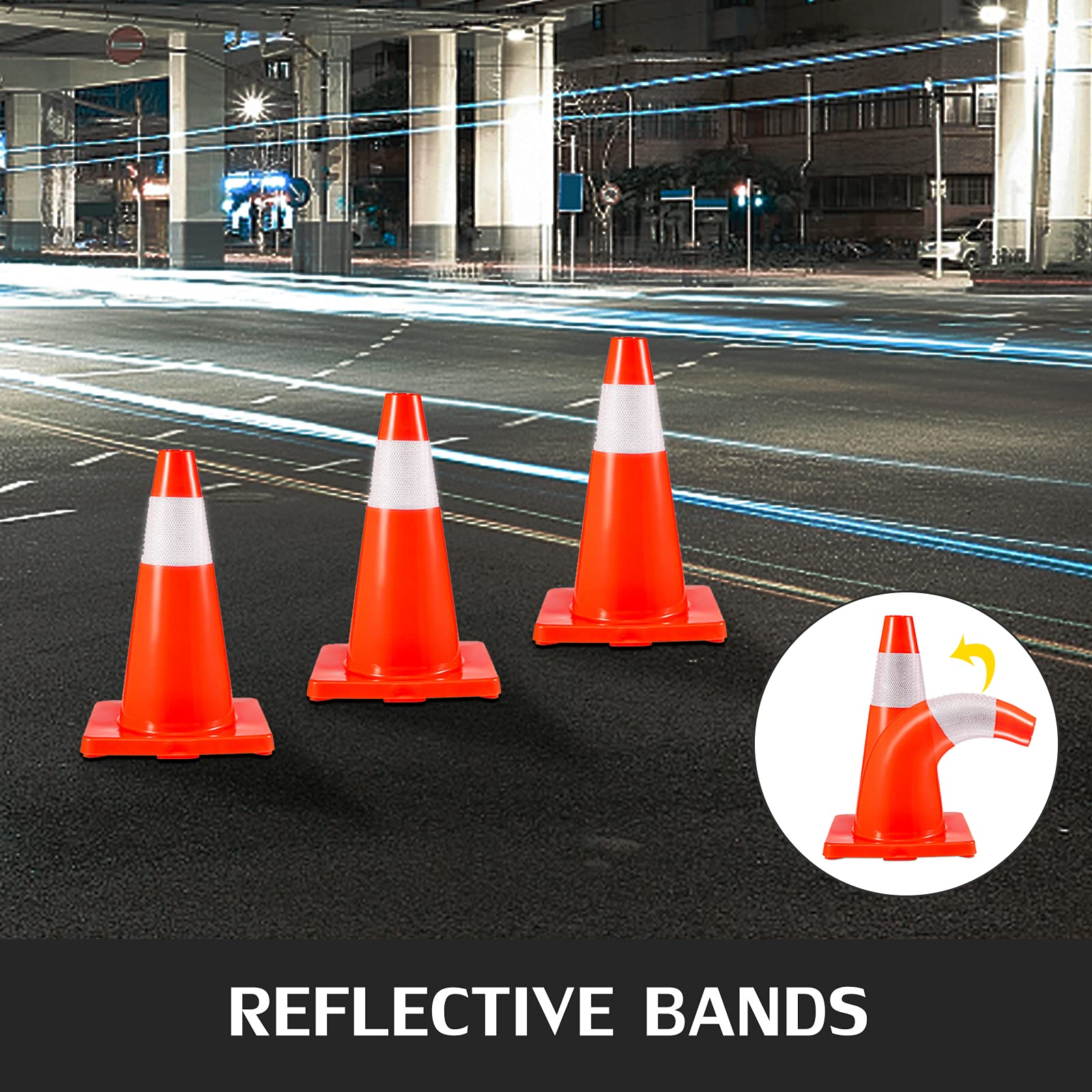 VEVOR 20Pack 18" Traffic Cones, Safety Road Parking Cones PVC Base, Orange Traffic Cone with Reflective Collars, Hazard Construction Cones for Home Traffic Parking