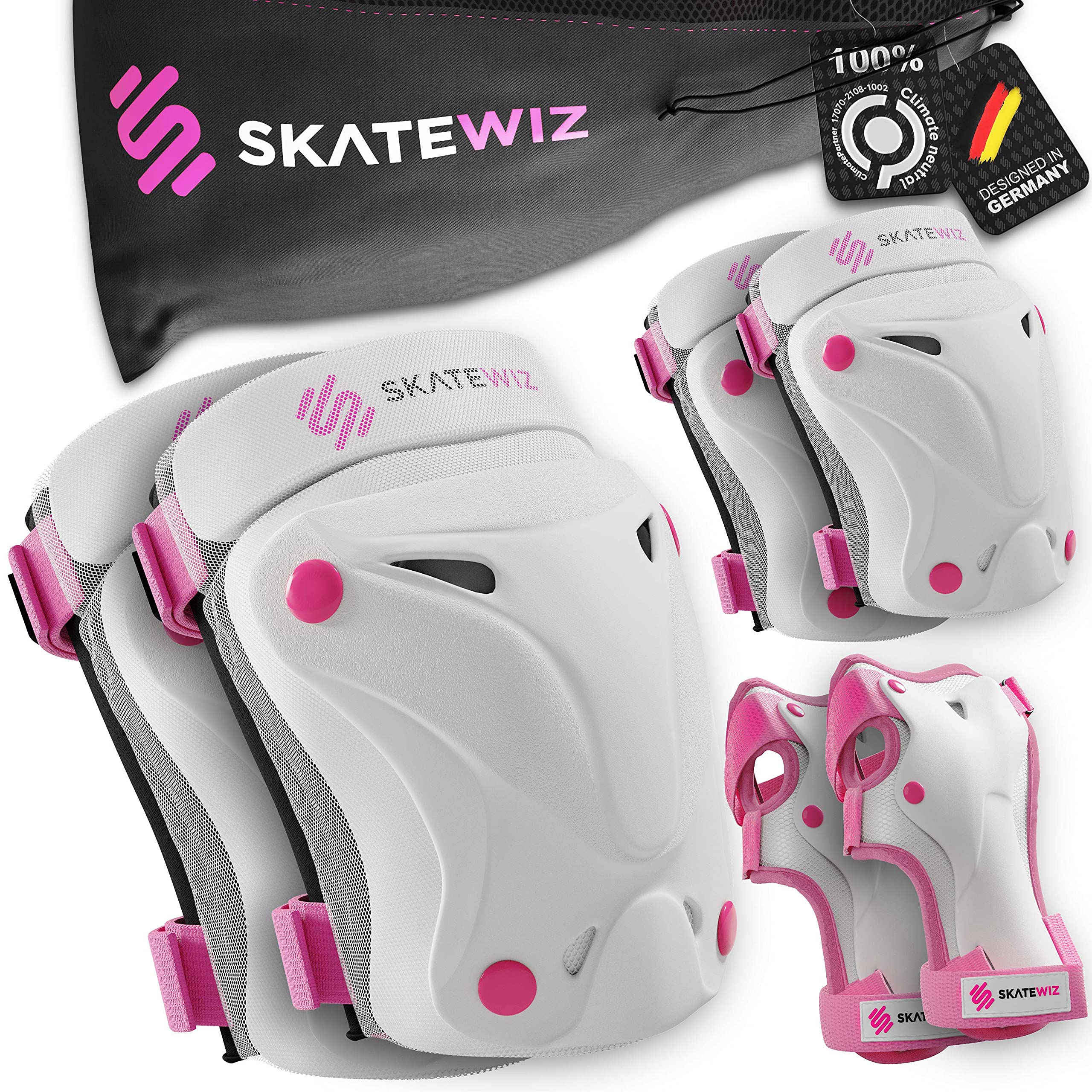 SKATEWIZ Elbow Pads Knee Pads for Women - inline skates for women - PROTECT-1 - Size L in Pink White - roller skates womenWrist Guards for Roller Skating Pads Ice skates for women