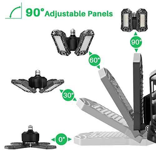 LED Garage Light 100W, 2020 Upgraded Adjustable 4 Panels Super Bright Garage Ceiling Lighting, E26 Screw in Deformable 96 LED Work Light for Garage, Shop, Basement, Workbench, Attic, Gym, Barn Lights