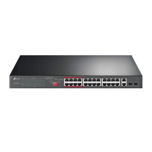 tp-link 24 port 10/100mbps fast ethernet poe switch 24 poe+ ports @250w, w/ 2 uplink gigabit ports + 2 combo sfp slots extend mode priority mode (tl-sl1226p),black