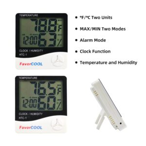 FavorCOOL HTC-1 Digital Hygrometer Indoor Thermometer, Domestic Temperature Humidity Monitor Meter, Mini Hygrometer with Time & Alarm Clock