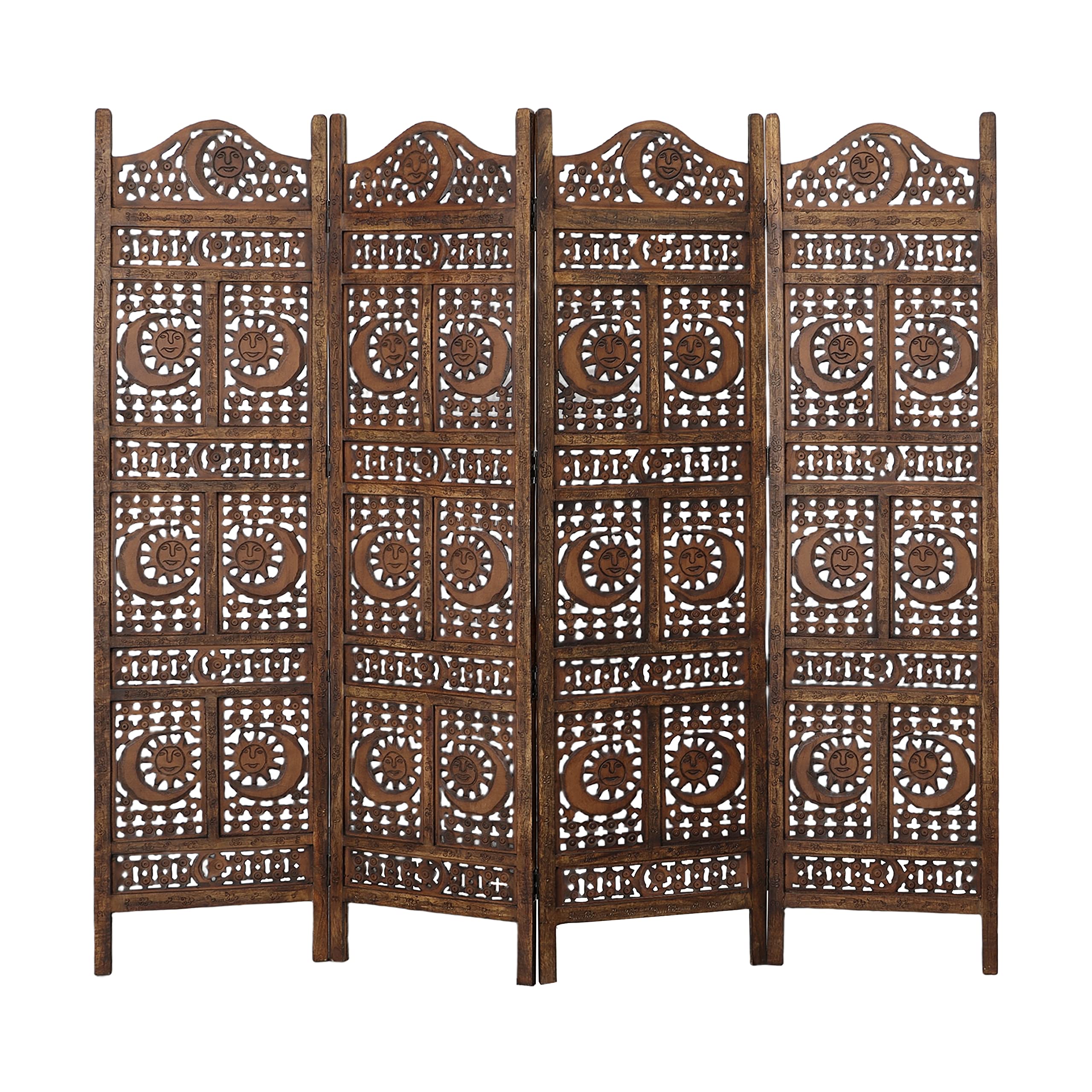 Hand Carved Sun and Moon Design Foldable 4 Panel Wooden Room Divider