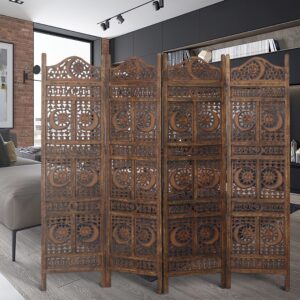 Hand Carved Sun and Moon Design Foldable 4 Panel Wooden Room Divider