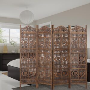 Hand Carved Sun and Moon Design Foldable 4 Panel Wooden Room Divider