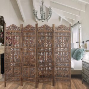 Hand Carved Sun and Moon Design Foldable 4 Panel Wooden Room Divider