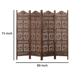 Hand Carved Sun and Moon Design Foldable 4 Panel Wooden Room Divider