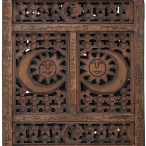 Hand Carved Sun and Moon Design Foldable 4 Panel Wooden Room Divider