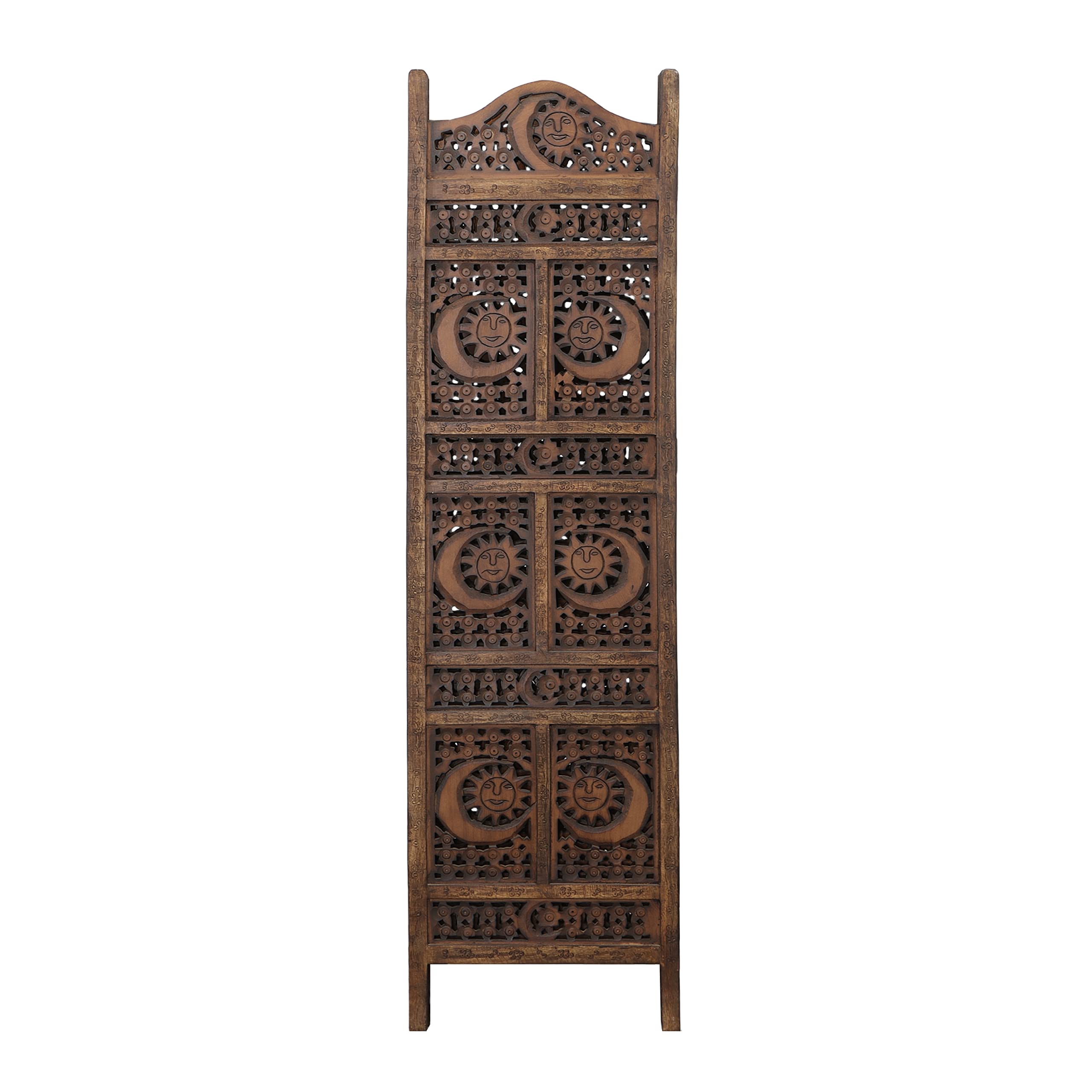 Hand Carved Sun and Moon Design Foldable 4 Panel Wooden Room Divider