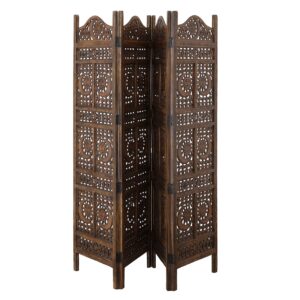 Hand Carved Sun and Moon Design Foldable 4 Panel Wooden Room Divider