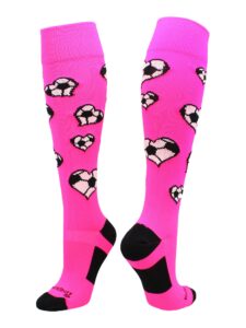 madsportsstuff love soccer hearts socks over the calf (neon pink small)