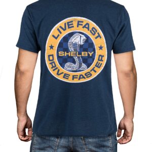 Shelby Cobra Snake Live Fast, Drive Faster Tee T-Shirt | Breathable and Lightweight Fabric | Double Needle Stitched Sleeves and Bottom Hem | Indigo | Size-L