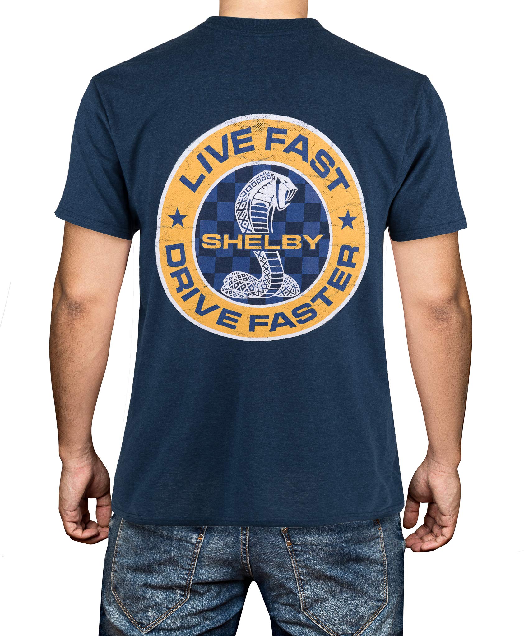 Shelby Cobra Snake Live Fast, Drive Faster Tee T-Shirt | Breathable and Lightweight Fabric | Double Needle Stitched Sleeves and Bottom Hem | Indigo | Size-L