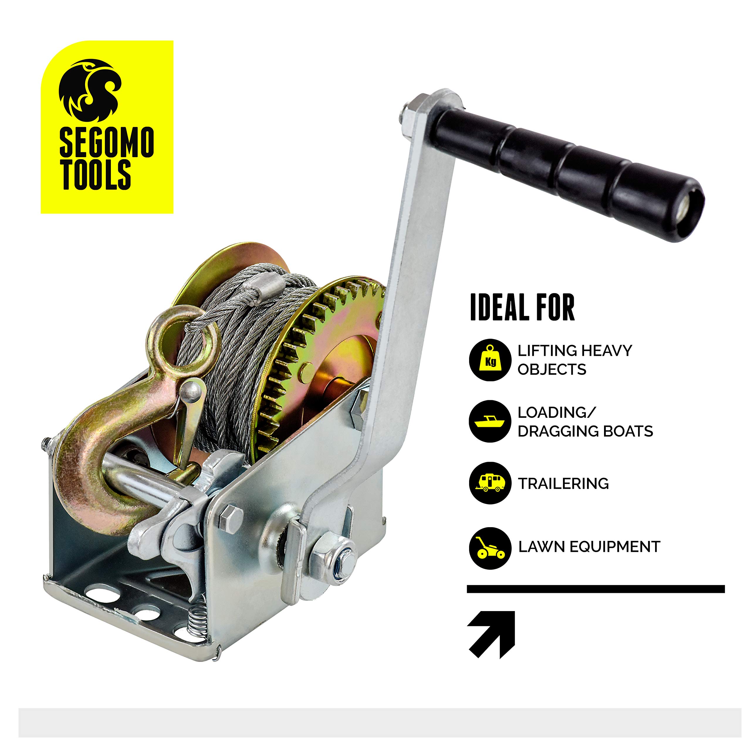 Segomo Tools Heavy Duty 600 Pound Manual Two Way Ratchet 26.2 Ft Long Wire Winch Hand | Boat Winch | Hand Pulley Crank | Handwinch | Pulley Hand Crank | Hand Winch | Small Hand Winch - HW600