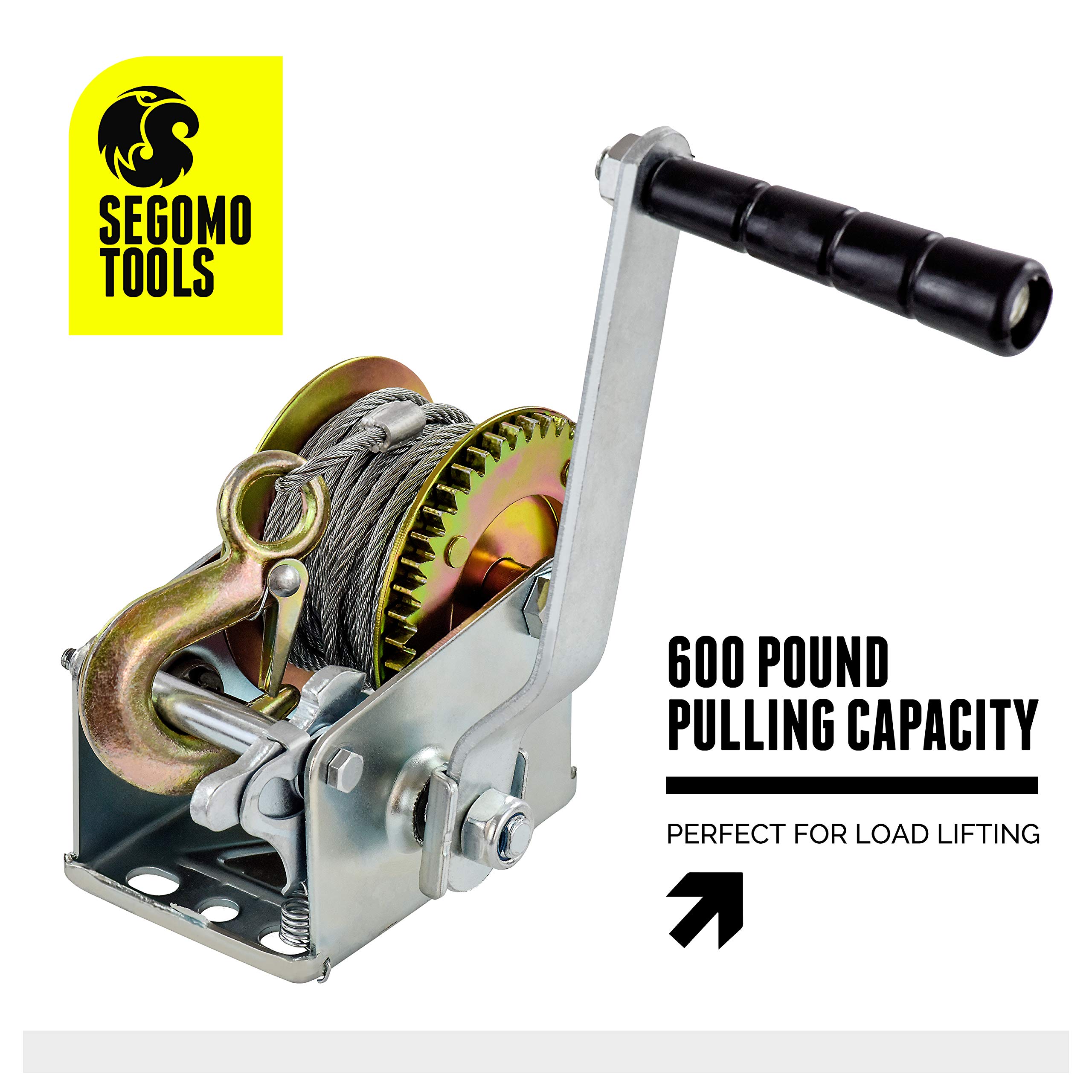 Segomo Tools Heavy Duty 600 Pound Manual Two Way Ratchet 26.2 Ft Long Wire Winch Hand | Boat Winch | Hand Pulley Crank | Handwinch | Pulley Hand Crank | Hand Winch | Small Hand Winch - HW600