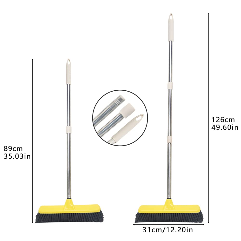 Push Broom with Long Handle, Floor Brush 47.6 inch Soft Bristle Broom 12.2" Wide for Cleaning Bathroom Kitchen Patio Garage Deck Tile Floor