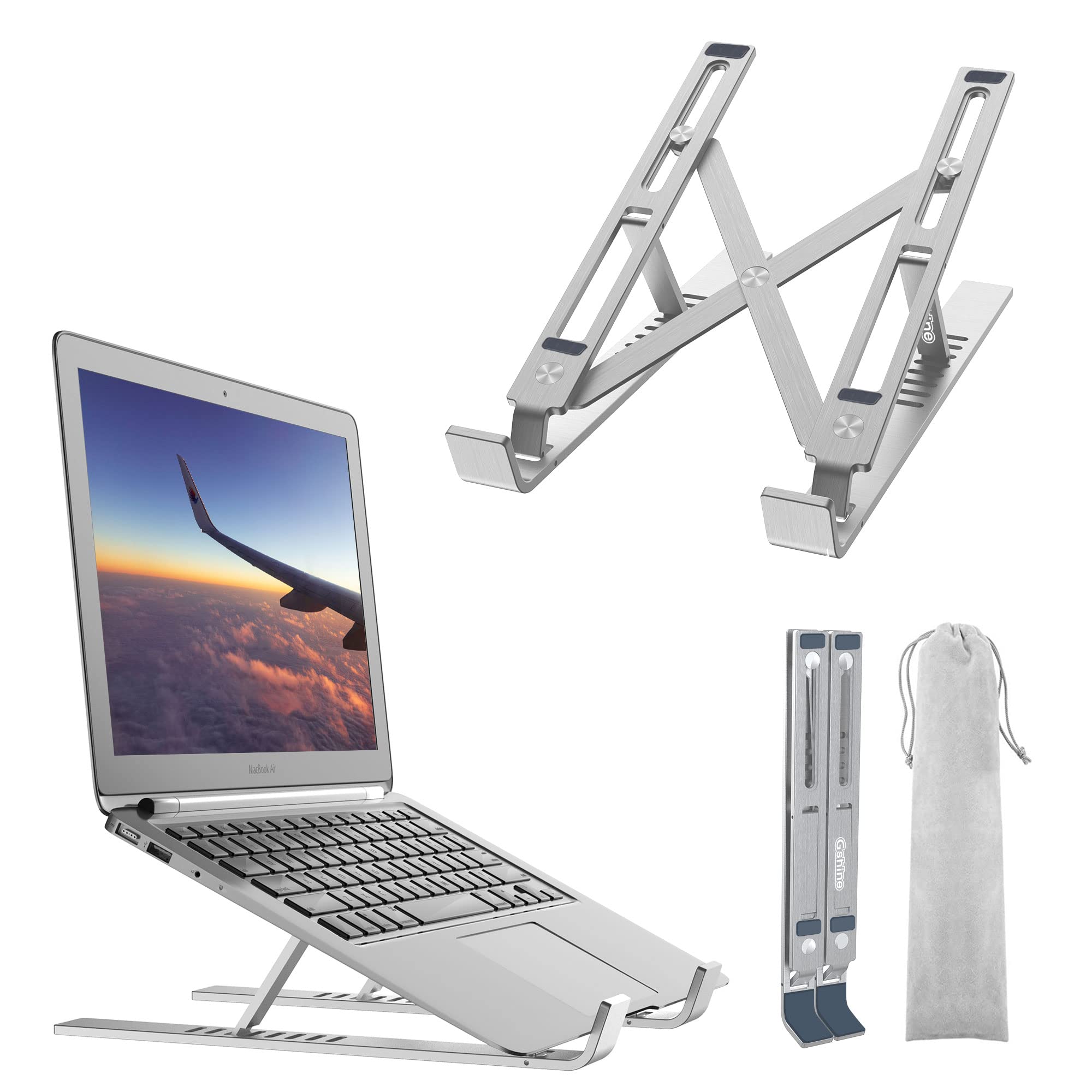 Gshine Laptop Stand, Ergonomic Aluminum Laptop Computer Stand, Foldable Computer Riser, Laptop Riser Notebook Holder, Compatible with MacBook Air Pro, Dell XPS, Lenovo 10-15.6" Laptops – Silver