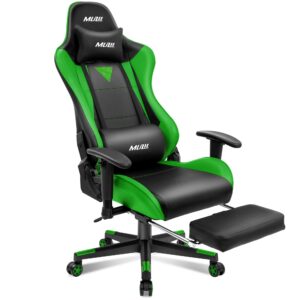 muzii gaming chair with footrest, high-back pu leather office chair with headrest and adjustable lumbar support,ergonomic computer swivel chair for teens and adults-green（001）