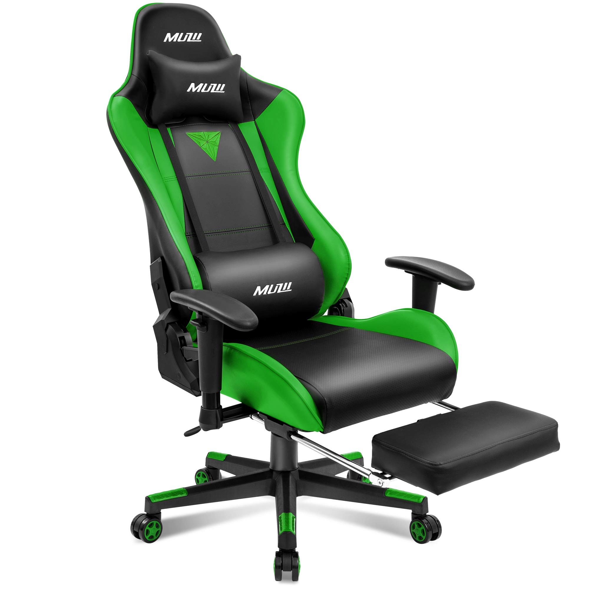 MUZII Gaming Chair with Footrest, High-Back PU Leather Office Chair with Headrest and Adjustable Lumbar Support,Ergonomic Computer Swivel Chair for Teens and Adults-Green（001）