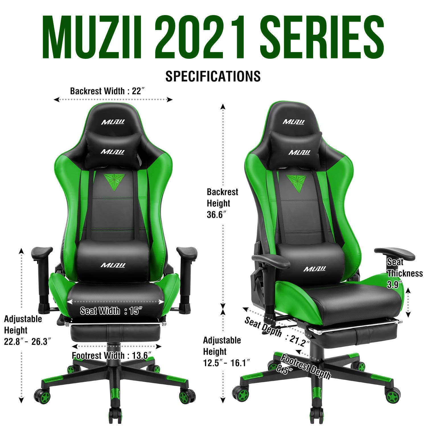 MUZII Gaming Chair with Footrest, High-Back PU Leather Office Chair with Headrest and Adjustable Lumbar Support,Ergonomic Computer Swivel Chair for Teens and Adults-Green（001）