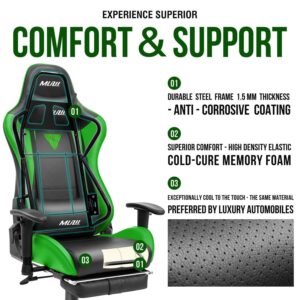 MUZII Gaming Chair with Footrest, High-Back PU Leather Office Chair with Headrest and Adjustable Lumbar Support,Ergonomic Computer Swivel Chair for Teens and Adults-Green（001）