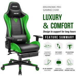 MUZII Gaming Chair with Footrest, High-Back PU Leather Office Chair with Headrest and Adjustable Lumbar Support,Ergonomic Computer Swivel Chair for Teens and Adults-Green（001）