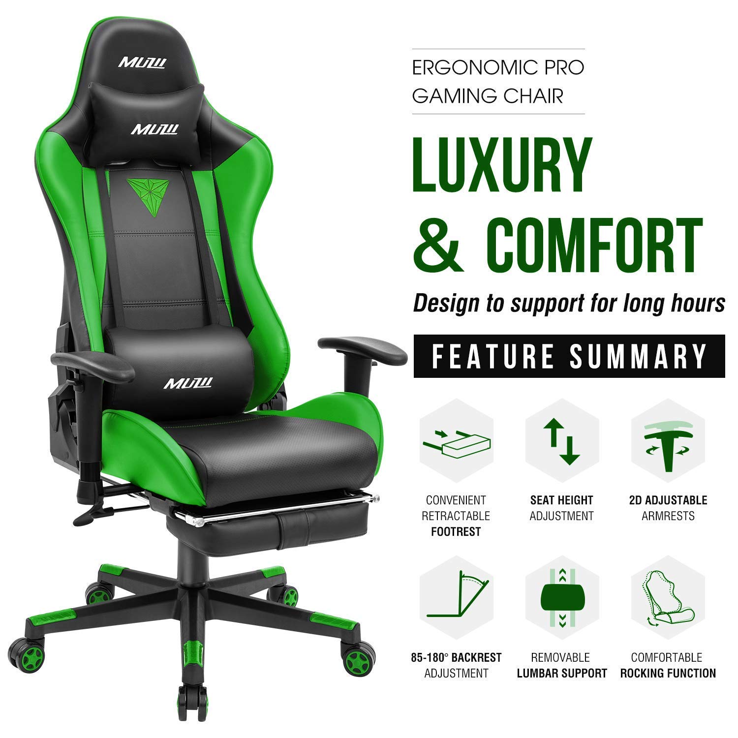 MUZII Gaming Chair with Footrest, High-Back PU Leather Office Chair with Headrest and Adjustable Lumbar Support,Ergonomic Computer Swivel Chair for Teens and Adults-Green（001）