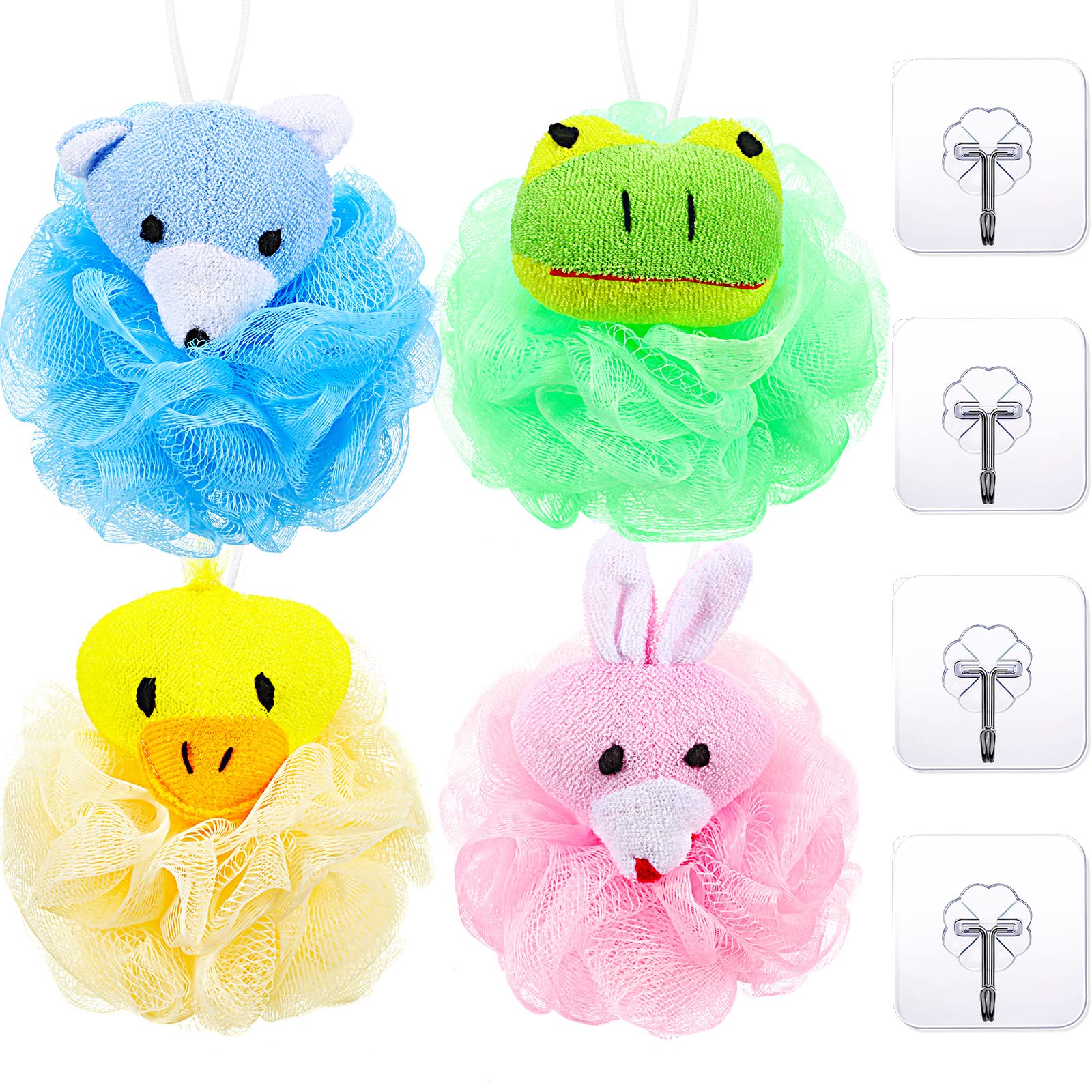 4 Pieces Animal Bath Sponge Cute Shower Sponge Colorful Cartoon Body Scrubber Balls Animal Pouf Loofahs Mesh with 4 Pieces Transparent Adhesive Hooks for Kids Adults Gifts