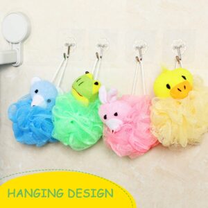 4 Pieces Animal Bath Sponge Cute Shower Sponge Colorful Cartoon Body Scrubber Balls Animal Pouf Loofahs Mesh with 4 Pieces Transparent Adhesive Hooks for Kids Adults Gifts