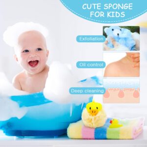 4 Pieces Animal Bath Sponge Cute Shower Sponge Colorful Cartoon Body Scrubber Balls Animal Pouf Loofahs Mesh with 4 Pieces Transparent Adhesive Hooks for Kids Adults Gifts